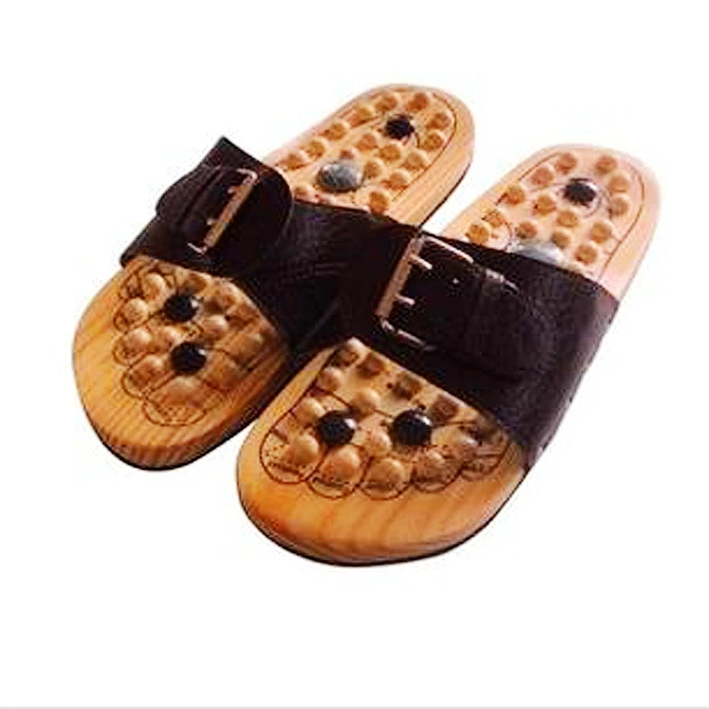 Health care Wooden base acupunture foot massage slippers natural stone ...