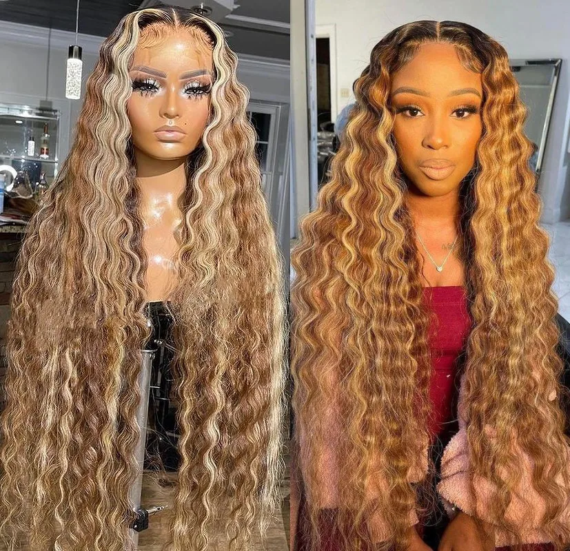 Curly Ombre Colored Highlight Wig Human Hair 13x4 Lace Frontal Wig 30 ...