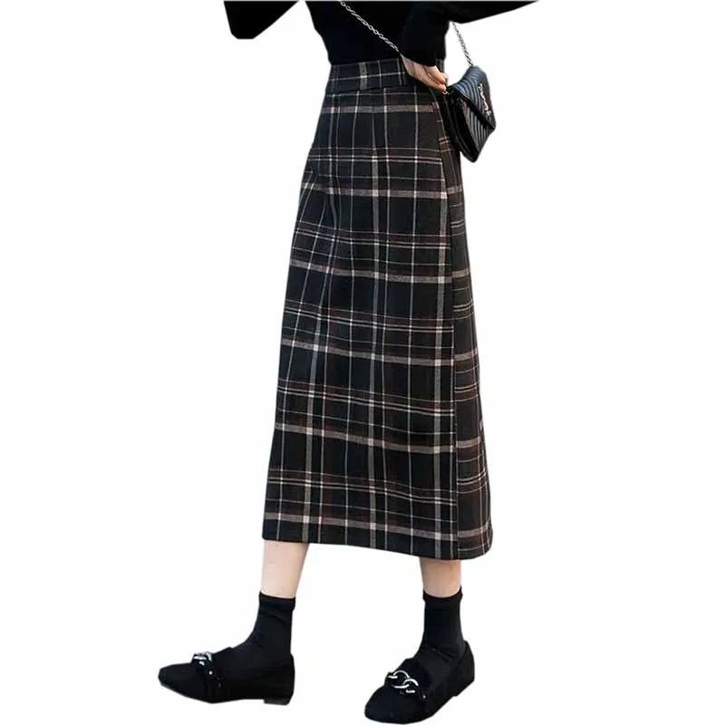 Falda a cuadros de tela de lana para mujer, faldas largas ajustadas de cintura alta con ...