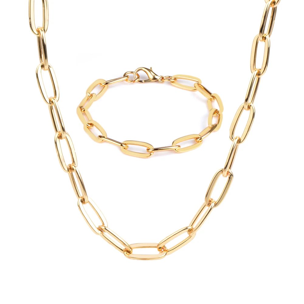 Hip-Hop-Gold-Color-Chain-Necklace-Bracelet-Set-For-Women-Steampunk-Rock ...