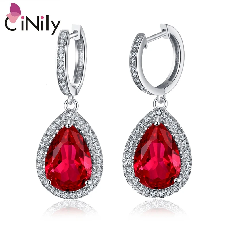 CiNily Authentic Luxury Red Ruby 925 Sterling Silver Drop Earrings for ...