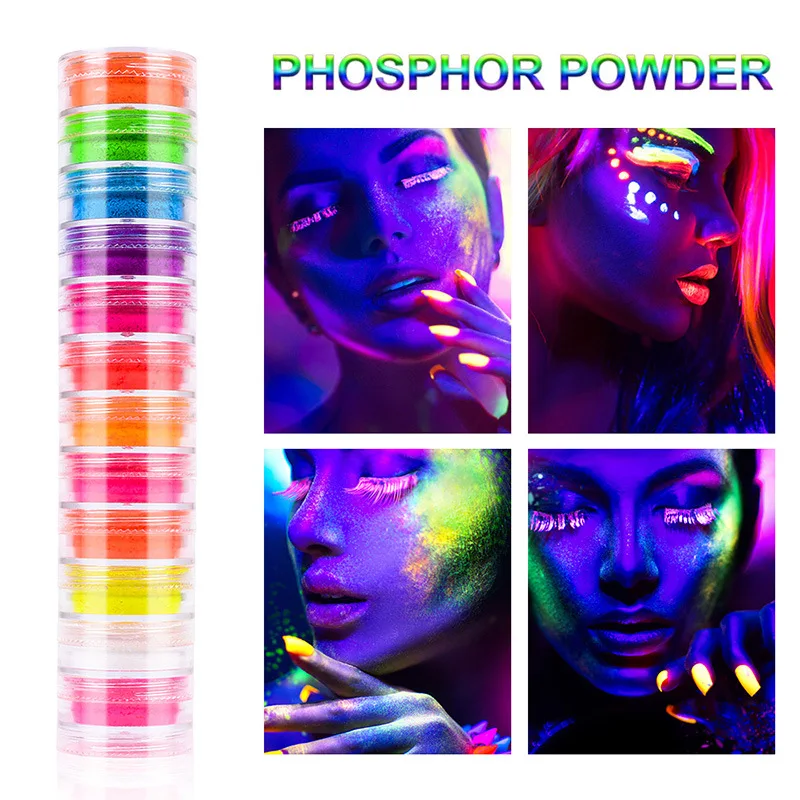 12 colors neon fluorescent pigment powder set fluorescent nail glitter ...