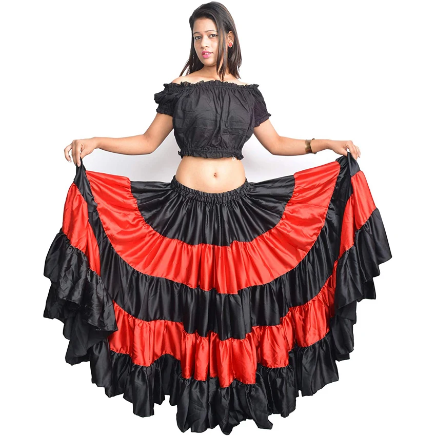 Falda de Flamenco español tradicional rojo para mujer gitana, traje de baile a rayas de satén ...