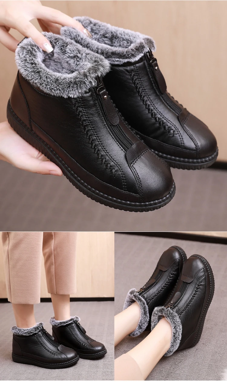 Botte,bottes de neige imperméables en cuir et velours pour femme ...