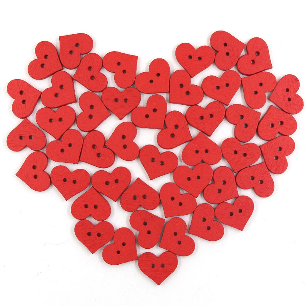 50Pcs 15x12mm 2 Holes Wooden Button Red Heart Buttons DIY Crafts For ...