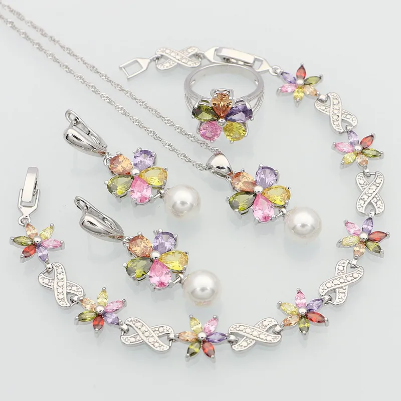 925 Sterling Silver Jewelry Multicolor Cubic Zirconia White Pearls ...