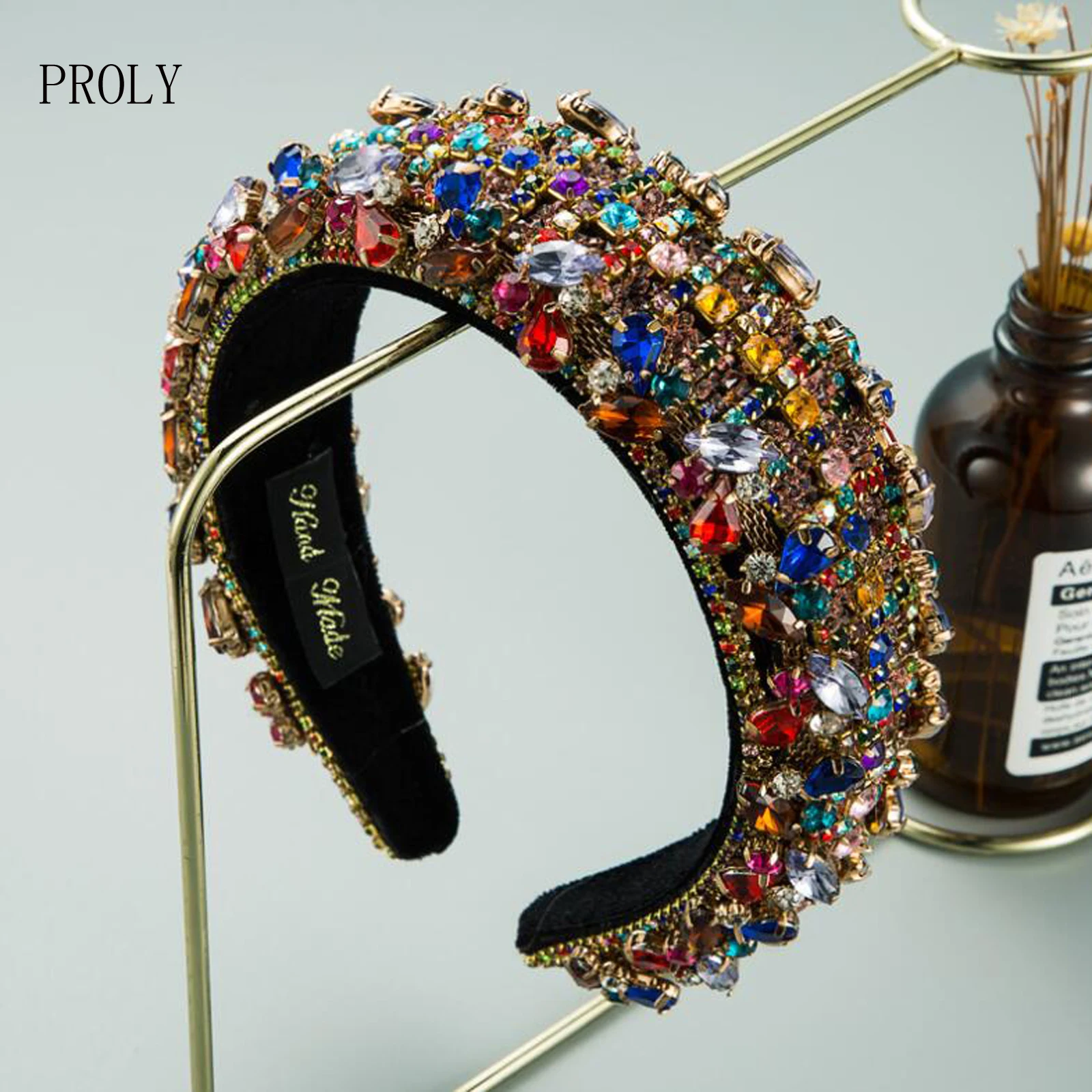 PROLY 신제품 빛나는 바로크 헤어 밴드, 와이드 사이드 헤드 웨어 탑 럭셔리 헤어 밴드 럭셔리 풀 크리스탈 머리 장식 헤어 ...