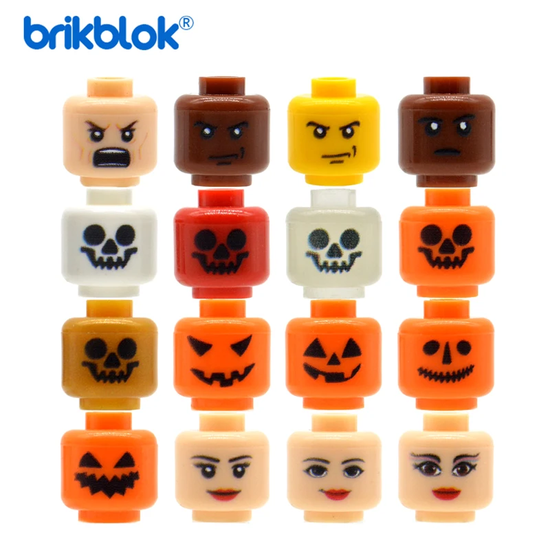 10 Brick Mini Heads Custom Printed Pumpkin Skeleton Face Expression for ...