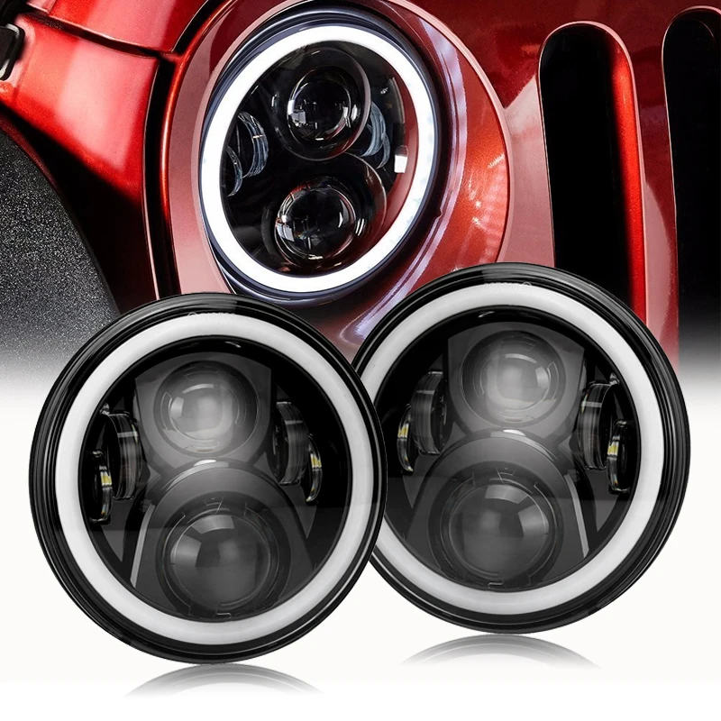 Pair-7-Inch-Round-LED-Headlights-High-Low-Beam-White-Halo-Ring-Angel ...