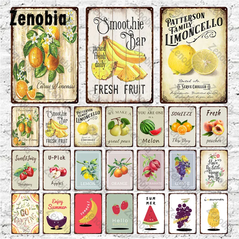 Plaque-Metal-Vintage-Fruit-Metal-Sign-Tin-Sign-Banana-Lemon-Grape ...