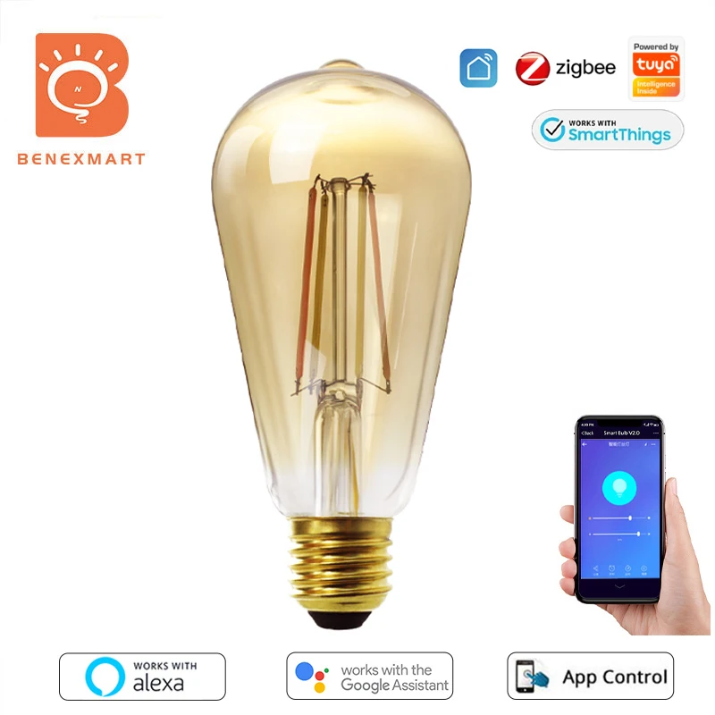 Benexmart Tuya Zigbee 3.0 Retro Led Filament Bulb St64 E27 Smart ...