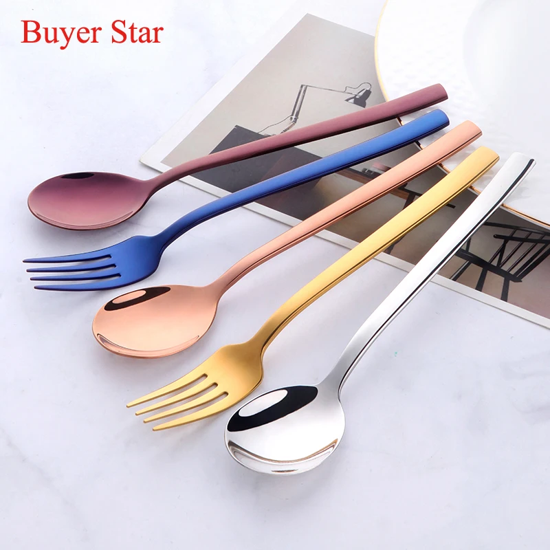 2 Pcs Colorful Student Dinnerware Set Gold Spoon Fork Food Grade 304 ...