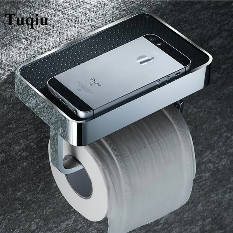 Soporte de papel higiénico con estante para teléfono, cubierta de cuero cromado, accesorios de ...
