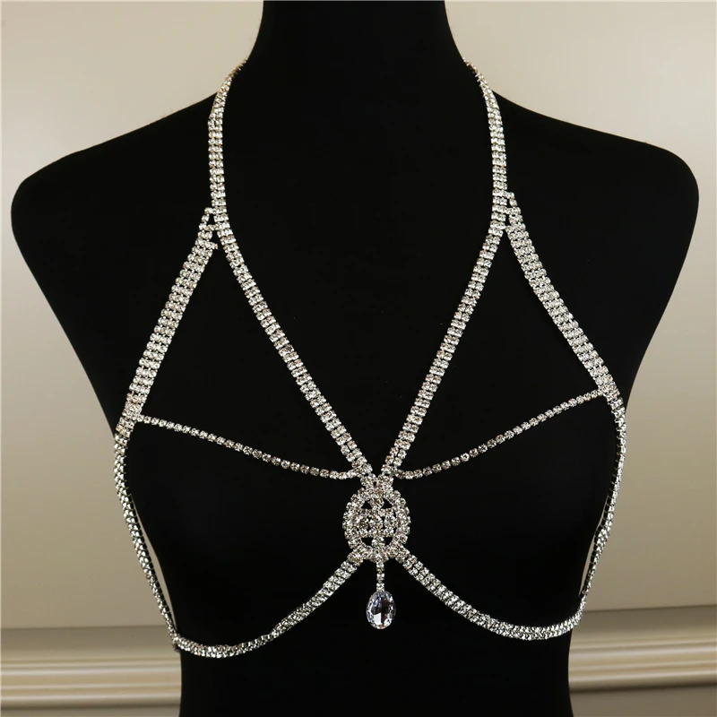 Rhinestone Mesh Cross Hollow Body Chain Bra Sexy Bikini Harness ...