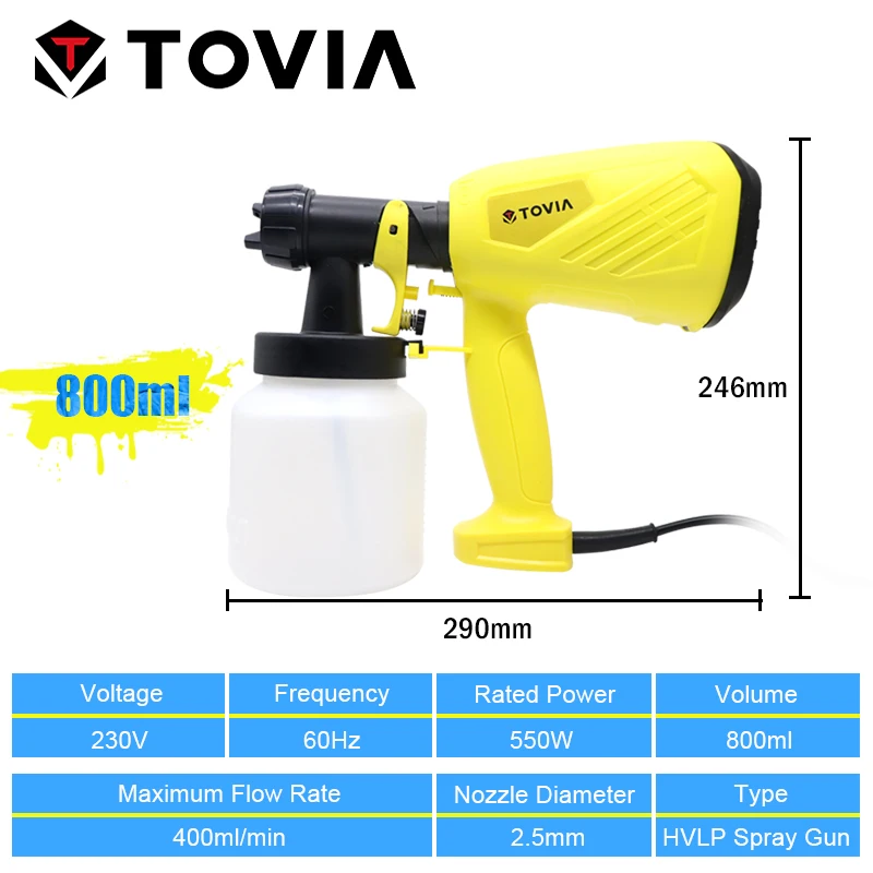 TOVIA 550W Spray Gun 800ML HVLP Electric Paint Sprayer 230V Flow ...