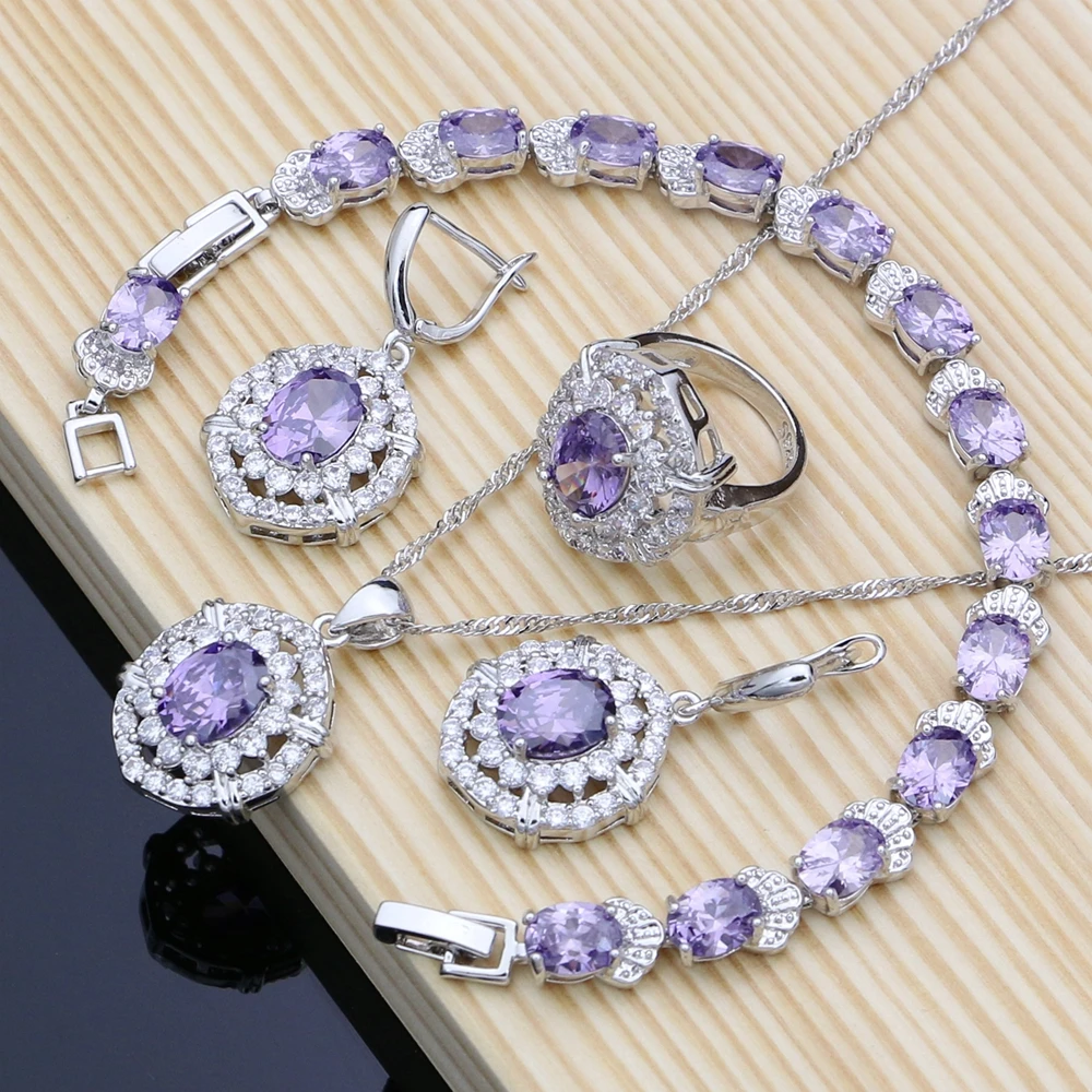 Classic Purple Cubic Zirconia White Crystal 925 Sterling Silver Jewelry ...