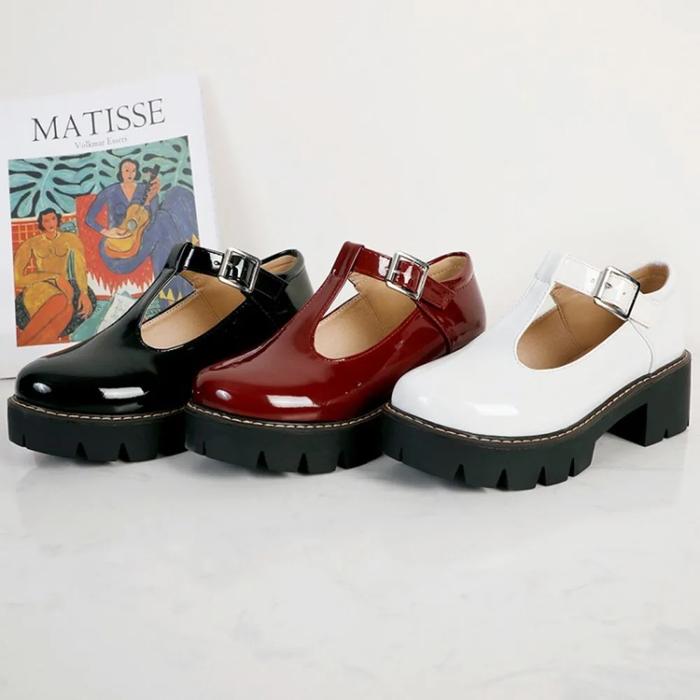 OLOMLB Womens Mid Chunky Creepers Heel Platform Shoes Summer T Strap ...