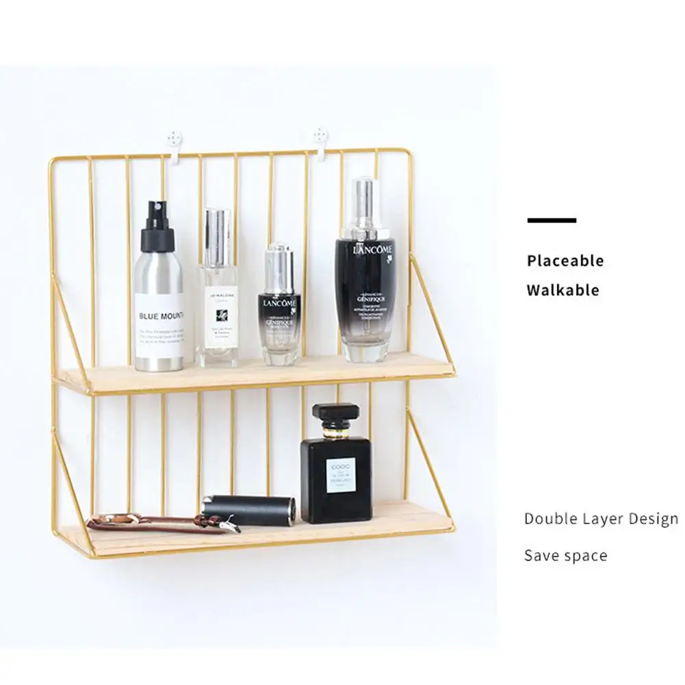 Wall Shelf Wooden Multi Functional Double Layer Shelves Storage Rack ...