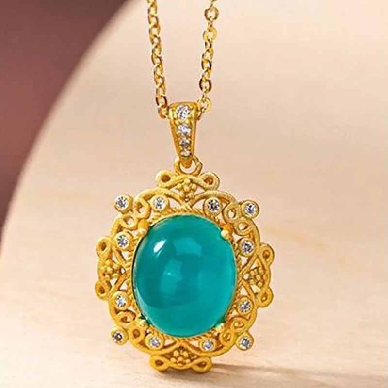 New silver inlaid natural Tianhe Stone Crystal Oval Pendant Necklace ...