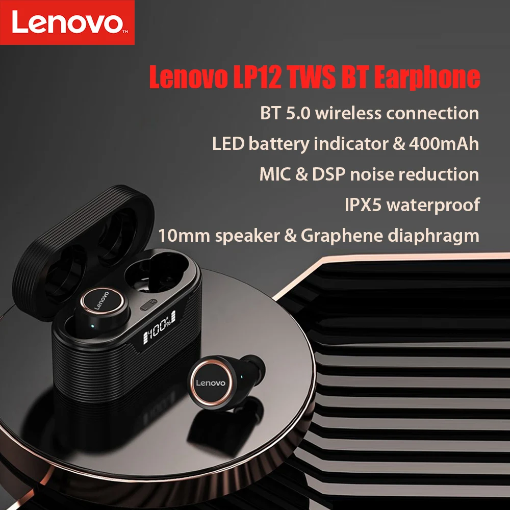 Lenovo auriculares inalámbricos LP12 con TWS, cascos con Bluetooth 5,0, 400mAh, estéreo Dual ...
