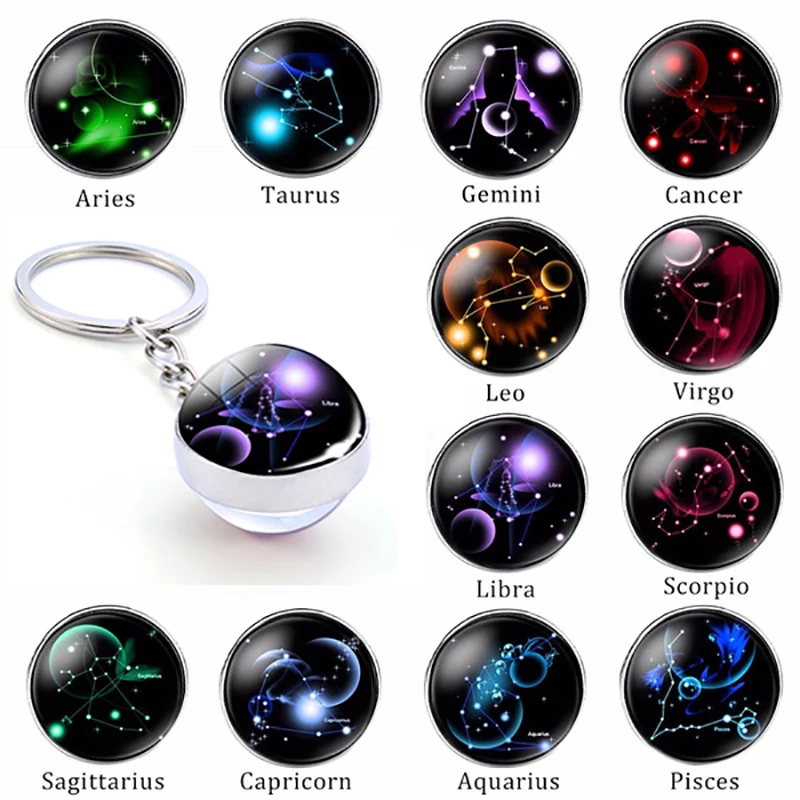 12 Zodiac Sign Glass Ball Keychain Pendant Women Men Fashion ...