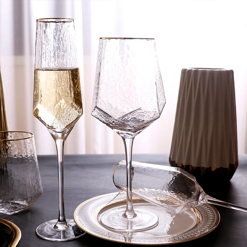 Wine Glasses Goblet Diamond Shaped Hammered Gold Glass Cup Nordic ...