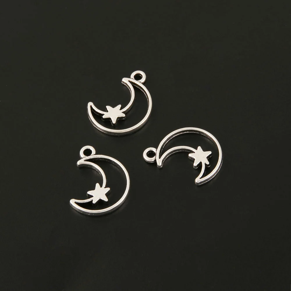 50pcs-Charms-Lovely-Mini-Hollow-Moon-With-Star-Silver-Color-Pendant-For ...