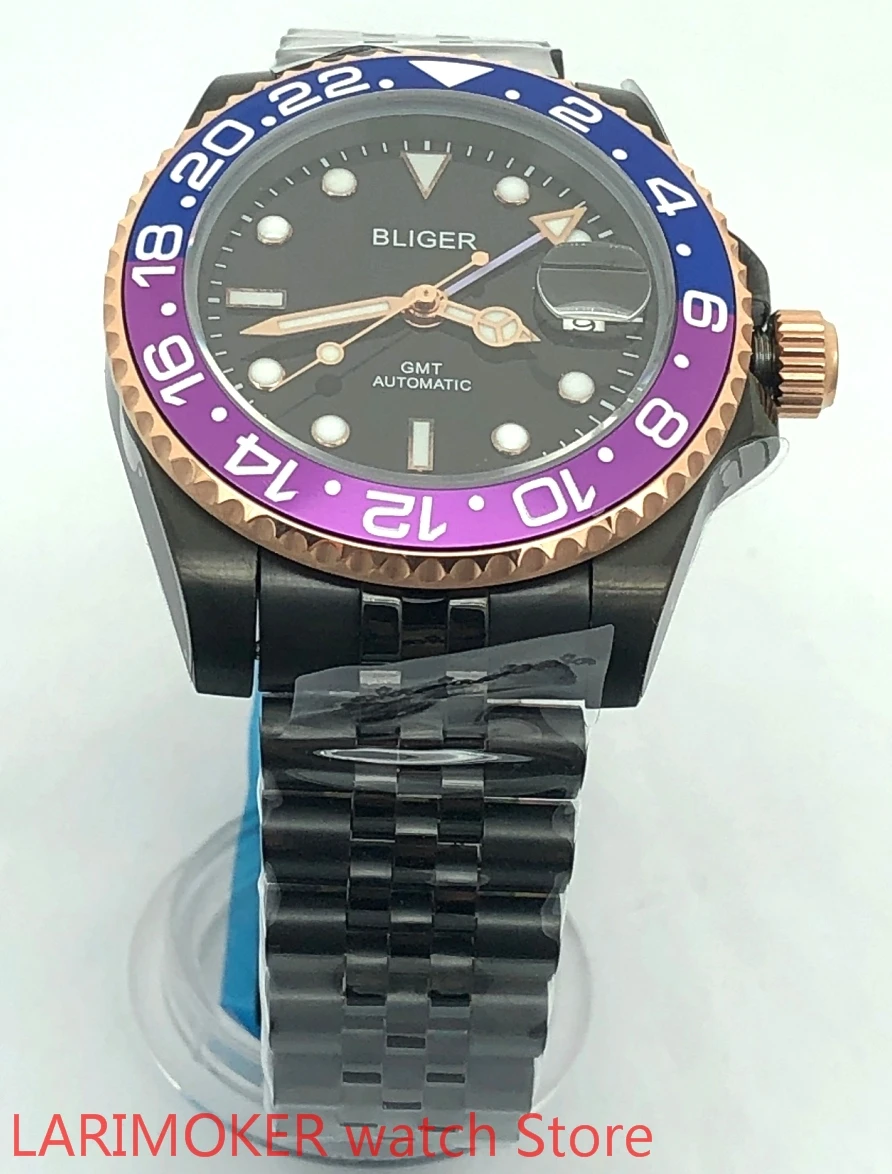 Bliger 40mm luxury watch black dial saphire glass blue and purple spin ...