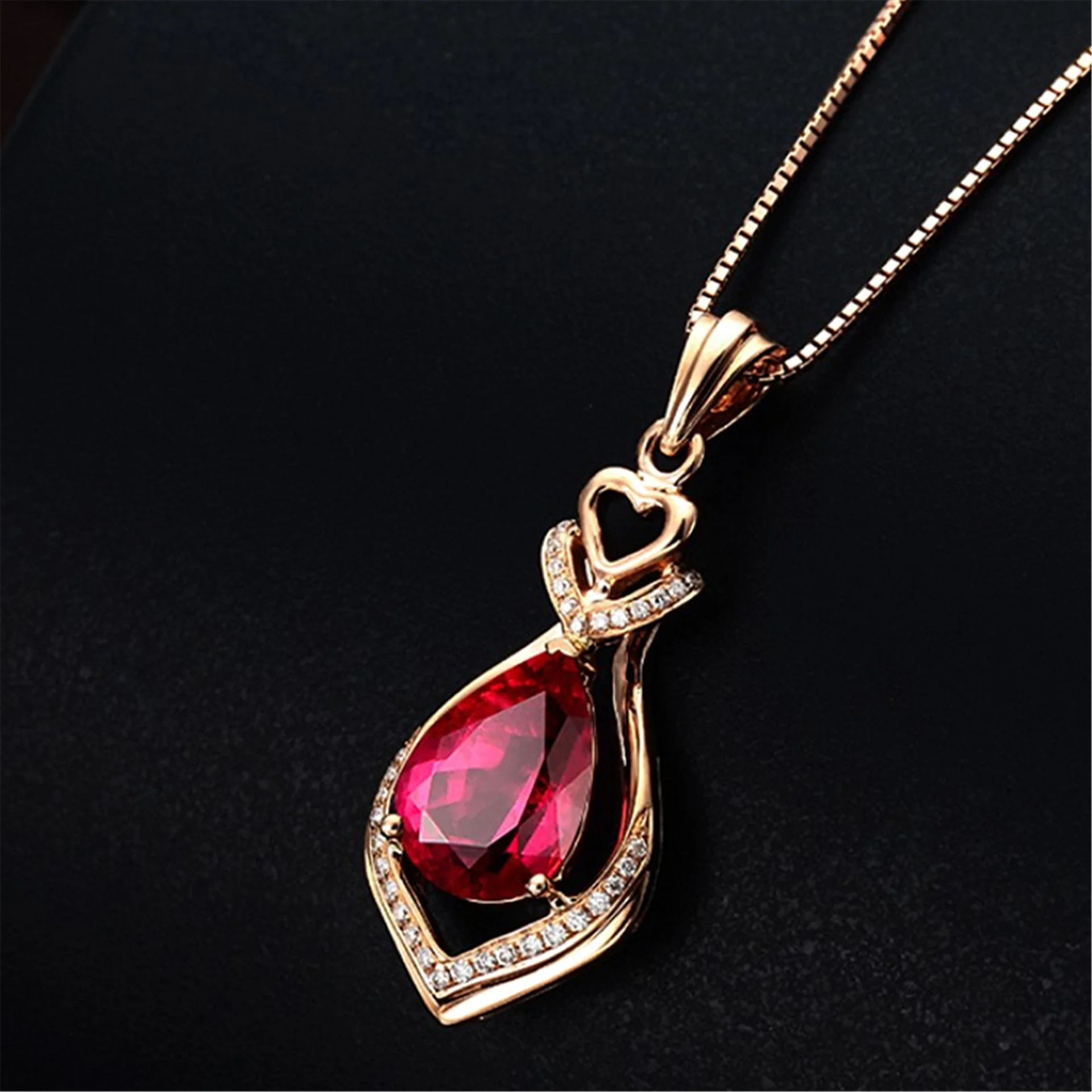 14K Rose Gold 45cm Necklace Ruby Pendant for Women Red Topaz Wedding ...