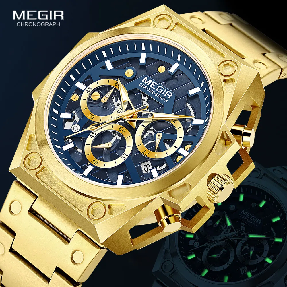 MEGIR Gold Watch for Men Stainless Steel Chronograph Wrist Watch Man ...