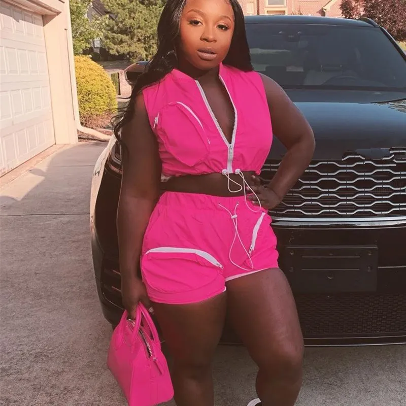 Fashion Sexy Zipper Pockets Stitching Two piece Suit Women Lace Up ...