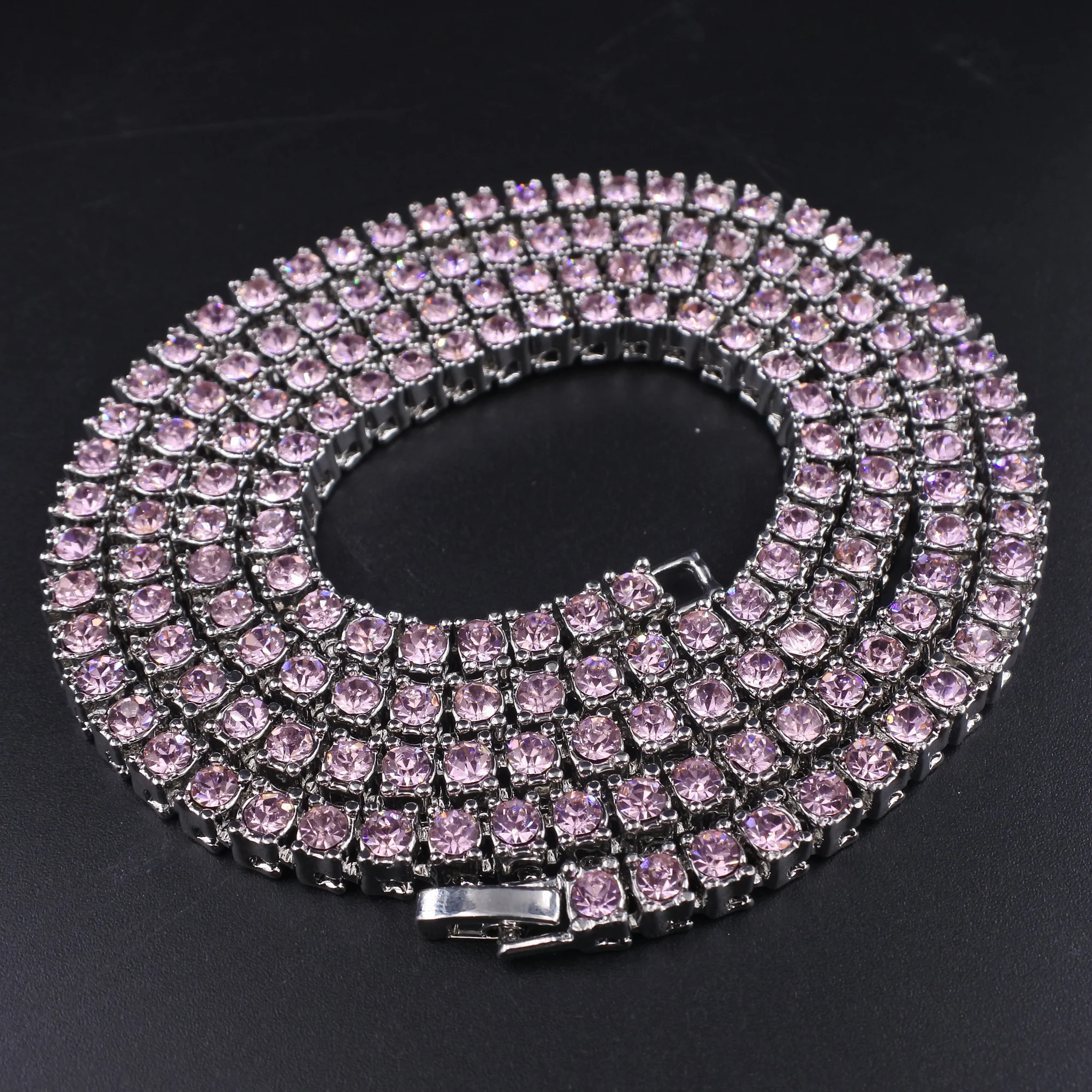 Pink crystal 1 row tennis chain hip hop men women necklace icd out ...