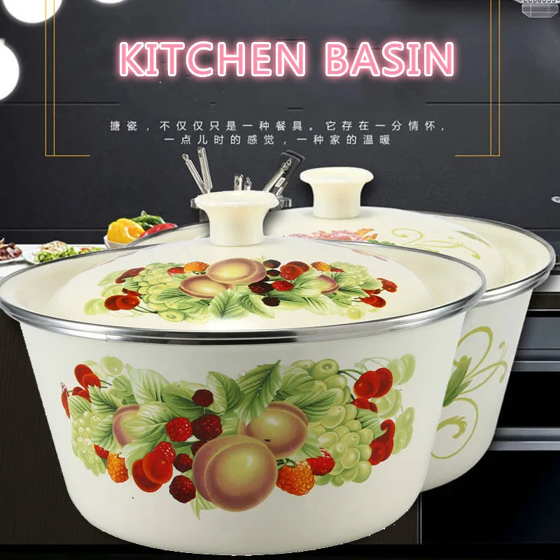 Kitchen Utensil Enamel Basin With Lid Hand-washing Bowl Dumpling ...