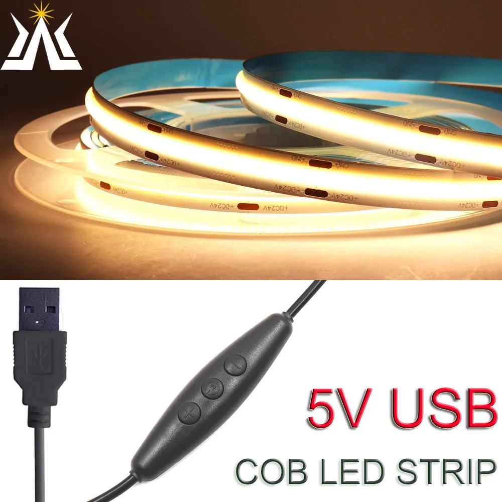 KLA FCOB Dimmable DC5V USB 전원 COB 스트립 유연한 5V LED 테이프 라이트 바 디머 CRI 90 ...