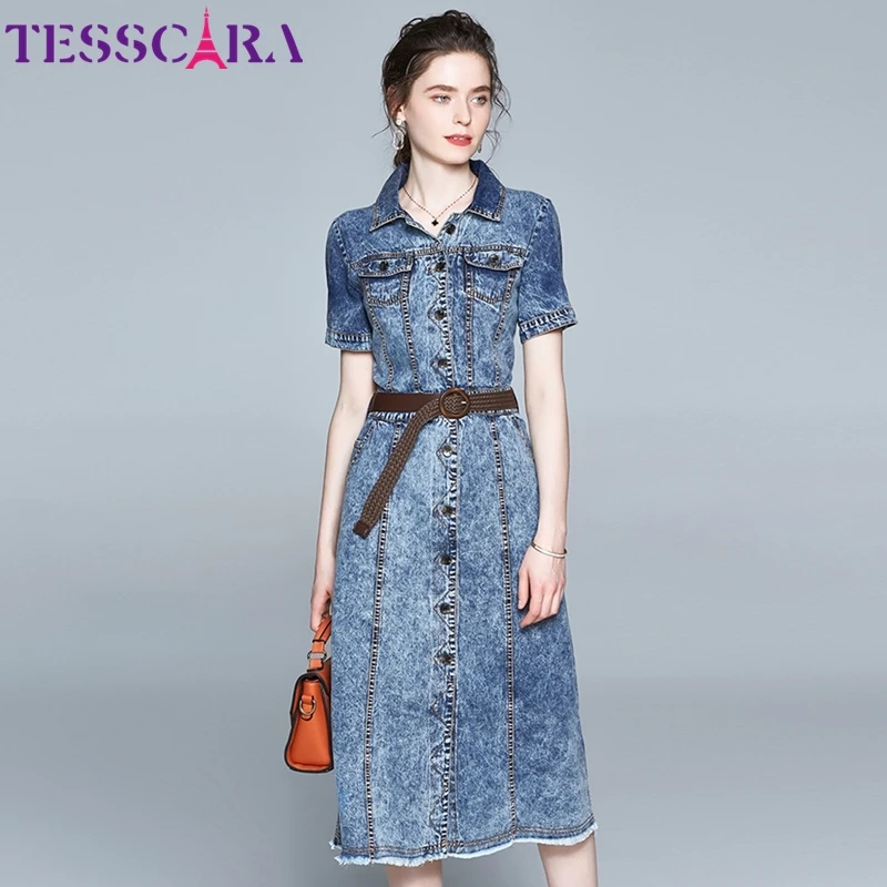 TESSCARA Women Summer Long Elegant Denim Dress Festa High Quality ...