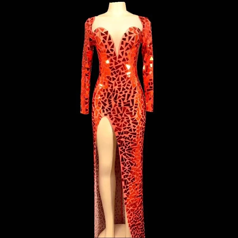 Bar Women Stage Dress Sparkly Mirrors Mesh Transparent Long Dress ...