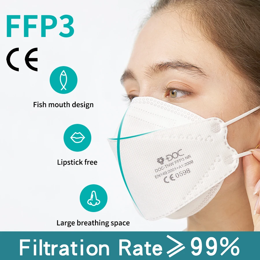 Respirador facial FFP3 sin válvula, máscara de pescado envuelta individualmente con tira de ...