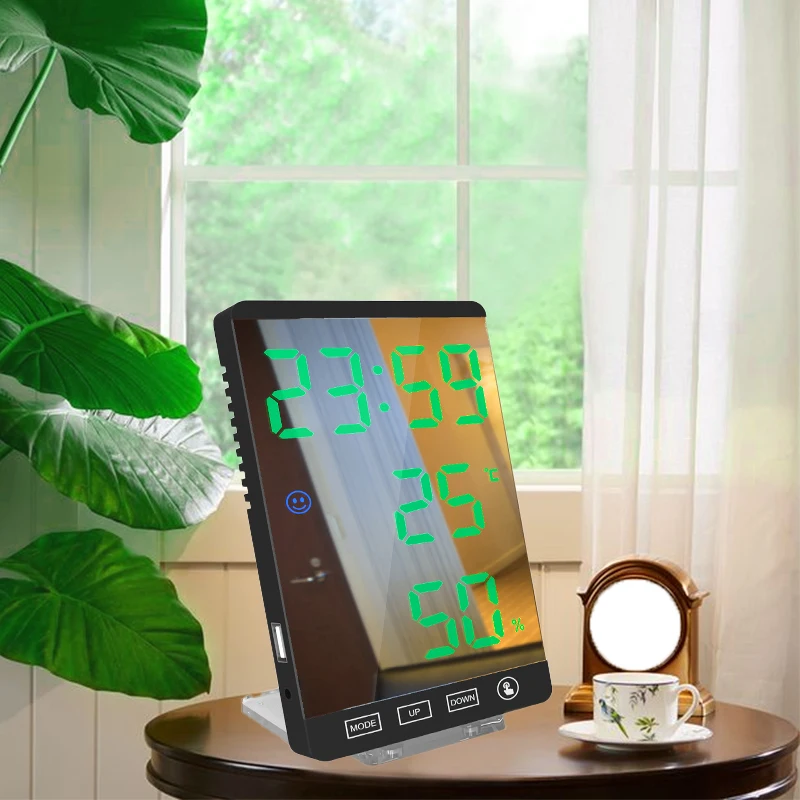 LED Mirror Alarm Clock Digital Clock Temperature Humidity Display USB ...