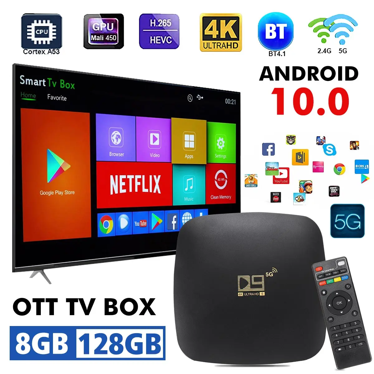 Android 10,0 TV BOX 16GB 256GB 8G 128G D9 TV Box 2,4G 5GWIFI 905 Core ...