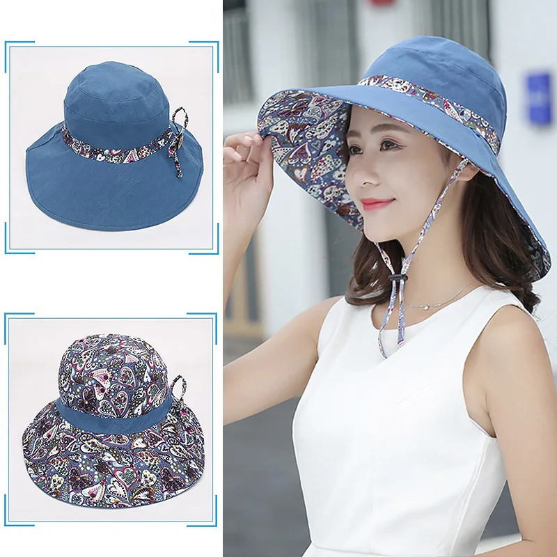 New-Female-Flower-Print-Double-sided-Cotton-Linen-Sun-Hat-Women-Big ...