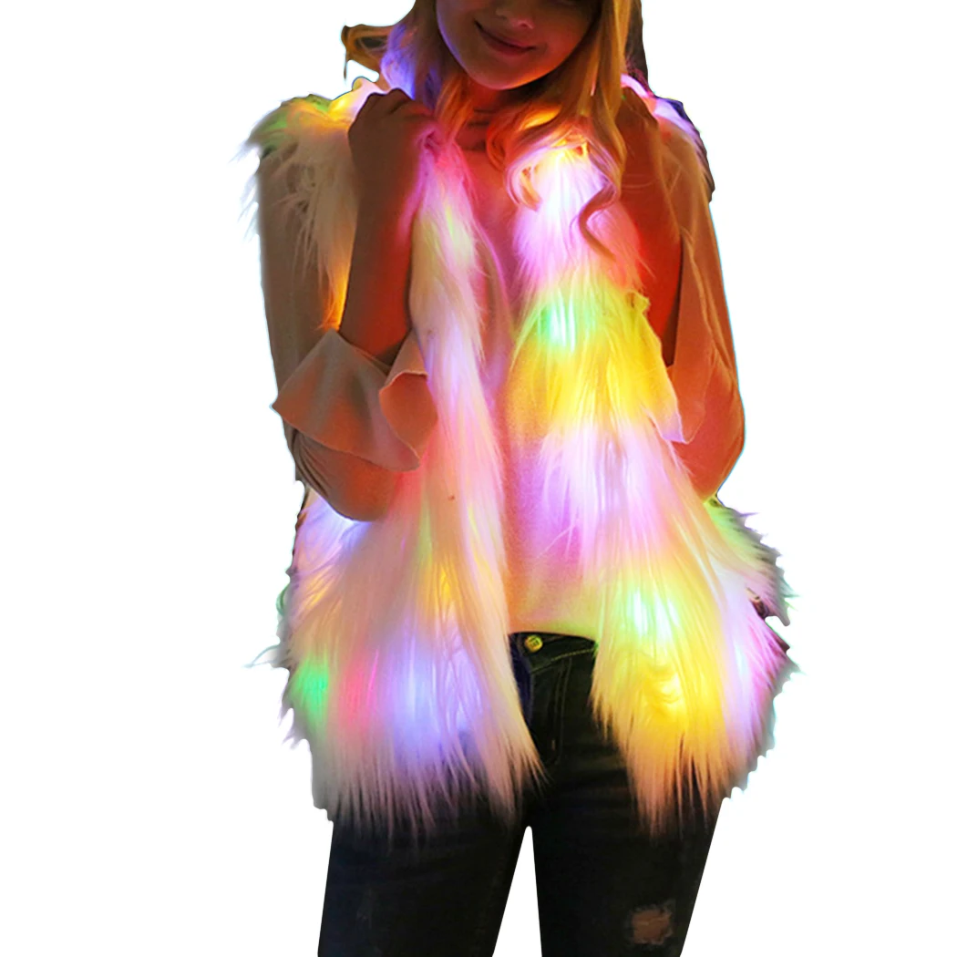 2022 Led Lights Hooded Faux Coats Winter Women Led Fur Rabbit Fur Vest ...
