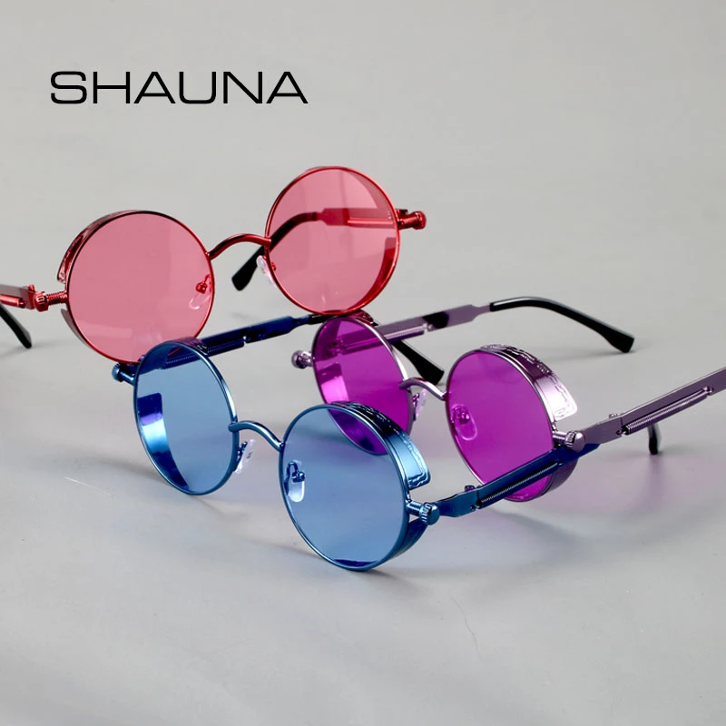 SHAUNA Classic Spring Punk Sunglasses Retro Metal Steampunk Round ...