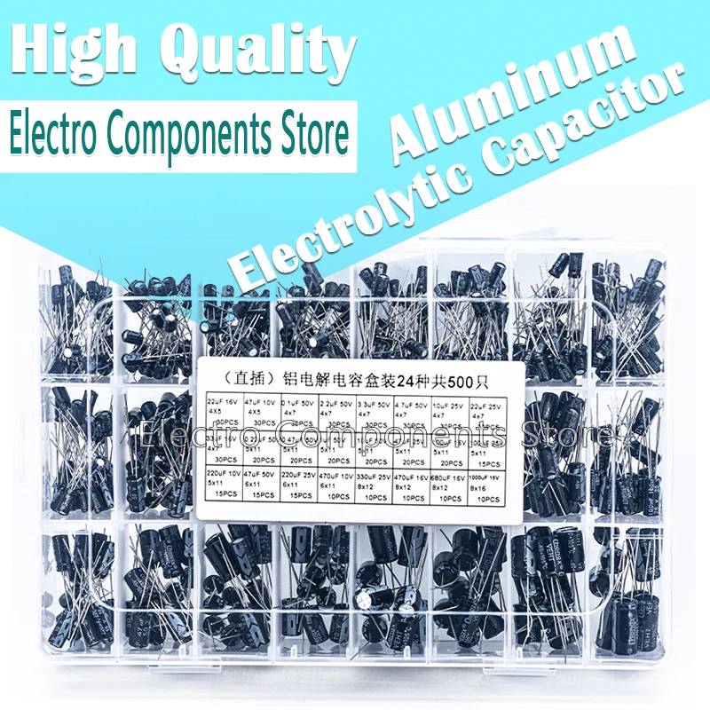 500Pcs 24Values 0.1UF-1000UF Aluminum Electrolytic Capacitor Assorted Kit Box 24 Values Set of ...