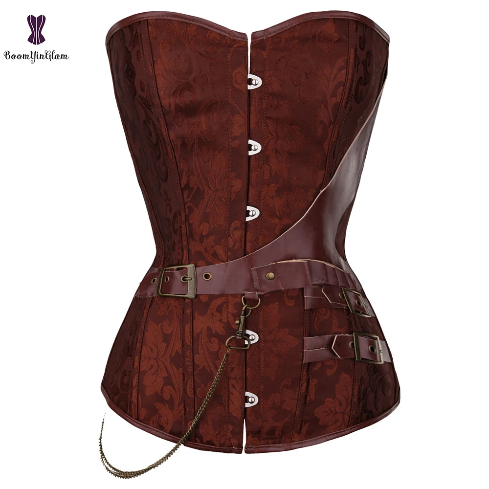 Brown Steampunk Corset Plus Size Outfit Overbust Gothic Korse Elastic ...