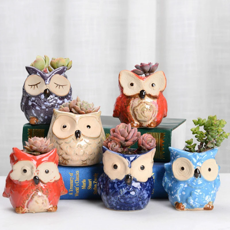 6pcs Ceramic Owl Flower Pots Planters Flowing Glaze Base Serial Set ...
