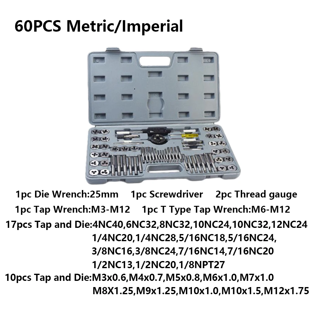 Tap-and-Die-Set-60pcs-Metric-Imperial-Thread-Taps-Alloy-Steel-For ...