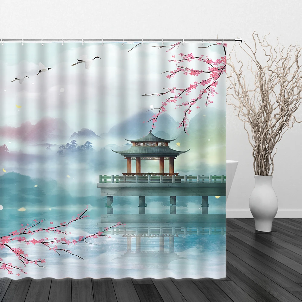 Chinese-Style-Shower-Curtains-Landscape-Peony-Flowers-Bird-Scenery ...
