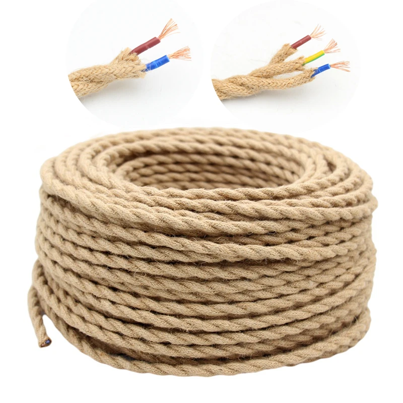 250V 2 Core 3 Core Vintage Hemp Rope Lamp Cord Jute Rope Twisted Cable ...