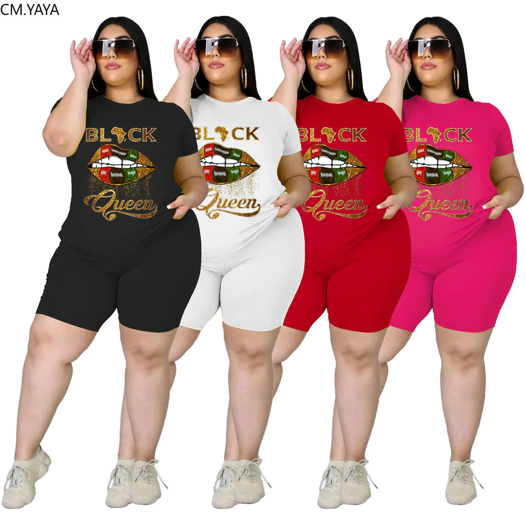 Cm Yaya Women Black Queen Lips Two Pieces Sets Tracksuits Tee Tops