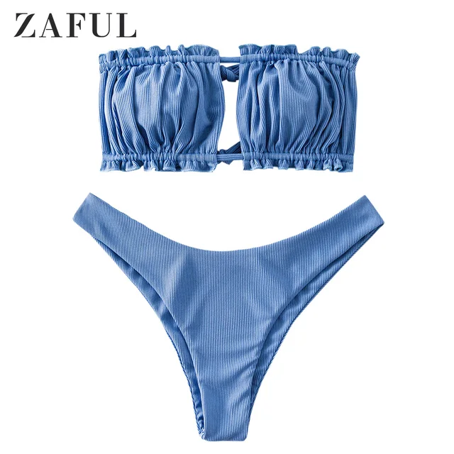 ZAFUL Ribbed Tie Cutout Bandeau Bikini Swimsuit Sexy Strapless Women ...